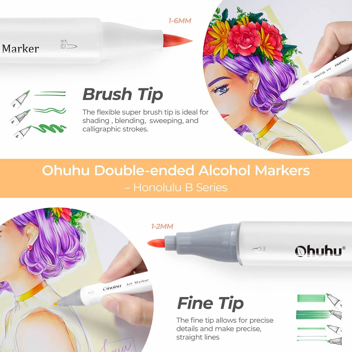 Ohuhu Honolulu B Alcohol Art Markers Set 120 Colours Brush & Fine #400 ...